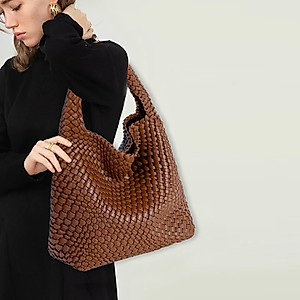 Women Vegan Leather Hand-Woven Tote Handbag Fashion Shoulder Top-handle Bag All-Match Underarm Bag with Purse (Brown)