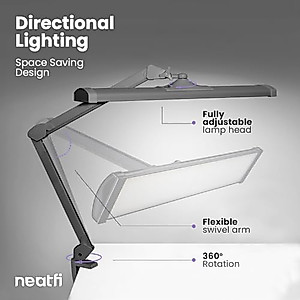 Neatfi Ultra 3,500 Lumen LED Desk Lamp, Color Correlated Temperature, 3 Light Modes, Dimmable, 45W, 26 Inch Wide Metal Shade, 540 SMD LEDs (CCT with Clamp, Silver)