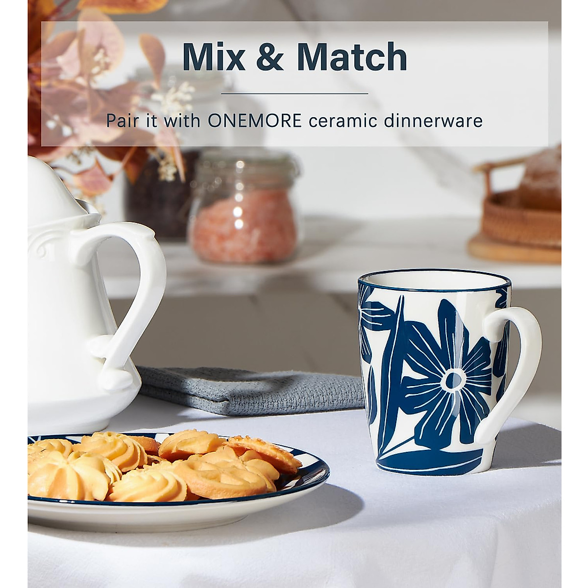 ONEMORE Ceramic Coffee Mugs Set of 6, 12oz - Microwavable Coffee Cups for Tea, Latte - Japanese Style, Scratch Resistant - Vintage Blue