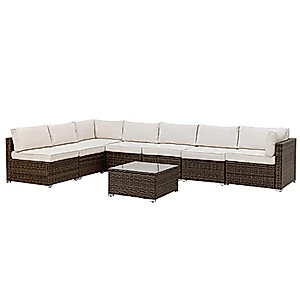 HOMPUS 8-Piece Outdoor Handwoven PE Rattan Wicker L-Shaped Corner Conversation Set Furniture Brown Patio Sectional Sofa Set w Beige Seat Cushions, Glass Coffee Table for Garden,Backyard,Pool
