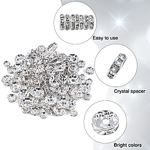 TOAOB 200pcs Rondelle Spacer Beads 6mm 8mm 10mm Round Crystal Czech Loose Spacer Beads Silver Rhinestone Charms Beads with Elastic String for DIY Crafts Jewelry Making Necklace Bracelet