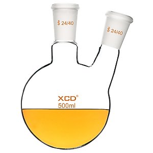 XCD Round Bottom Flask with 2 Necks, Borosilicate Glass Round Bottom Flask RBF Heavy Wall 2 Neck Lab Flask with 24/40 Center and Side Standard Taper Outer Joint (500 ml)