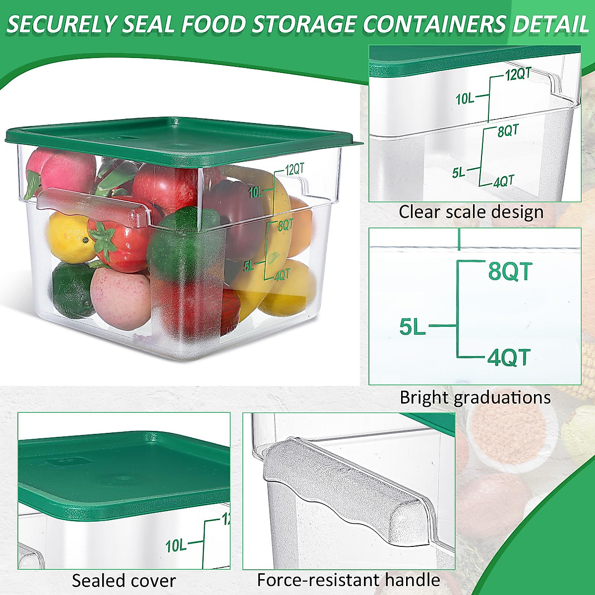 Yungyan 6 Pack 12qt Commercial Food Storage Containers with Lids Square Acrylic Airtight Food Container Clear Cereal Storage Container with Graduation and Handle for Pantry Kitchen Restaurant Freezer