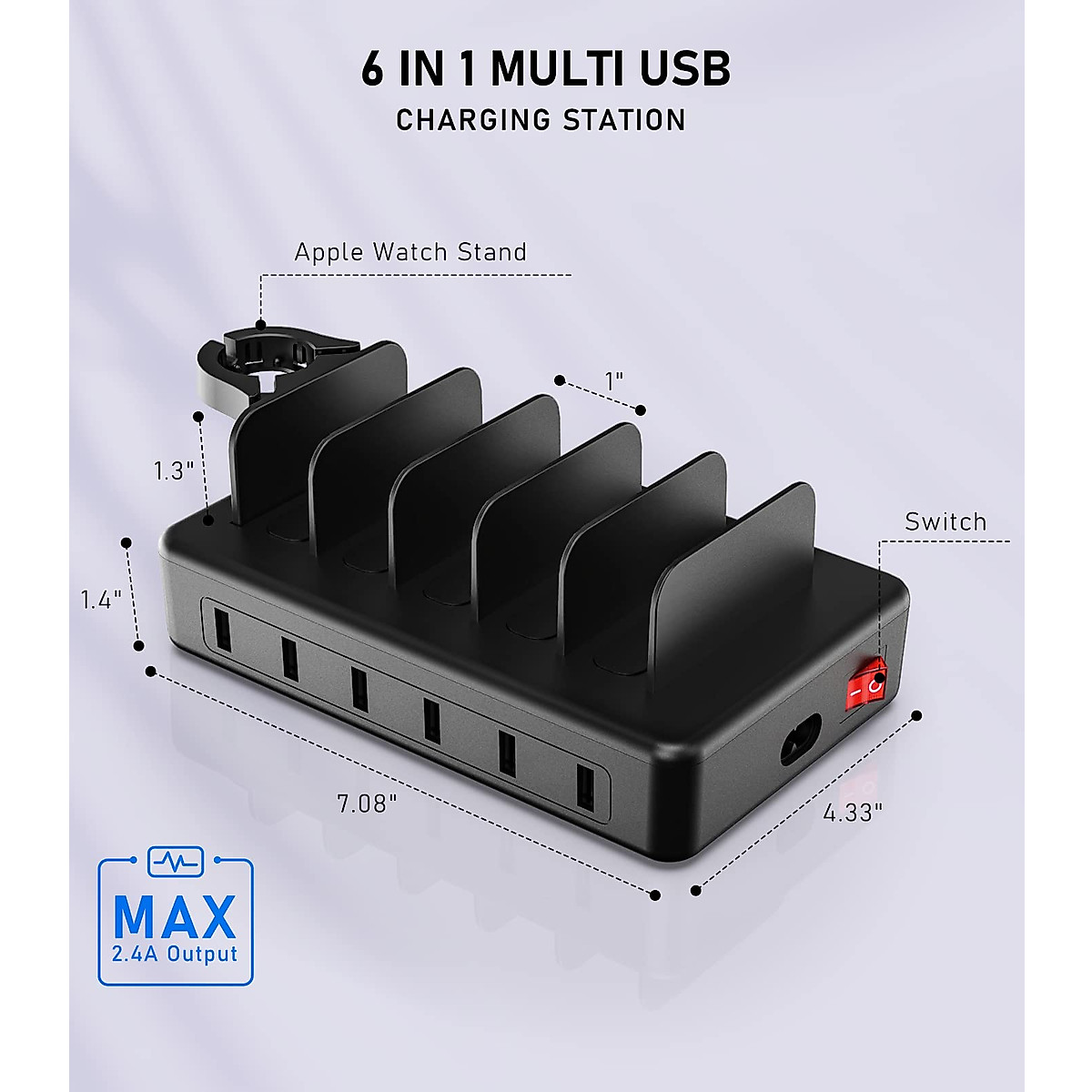 Charging Station for Multiple Devices, HSicily 6 Ports 50W Charger Station with 6 Cables Charging Dock Designed for Kindle iPhone iPad Cell Phones Tablets Apple Watch