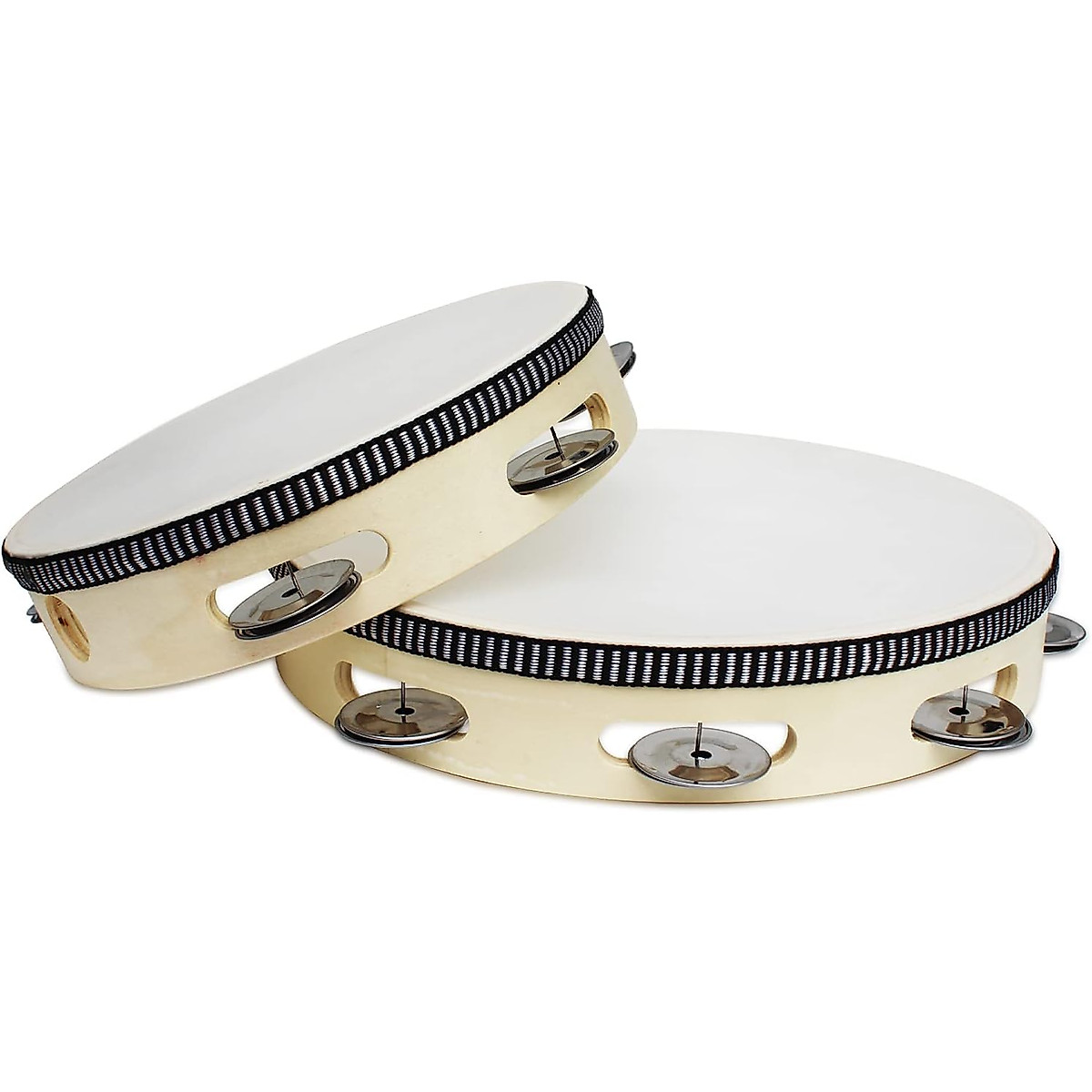RSYJ Tambourine for Adults, 2 Pieces (10 Inch and 8 Inch) Wood Hand Held Tambourine, Tambourines with Jingle Bells Single Row, 1005RSYJ