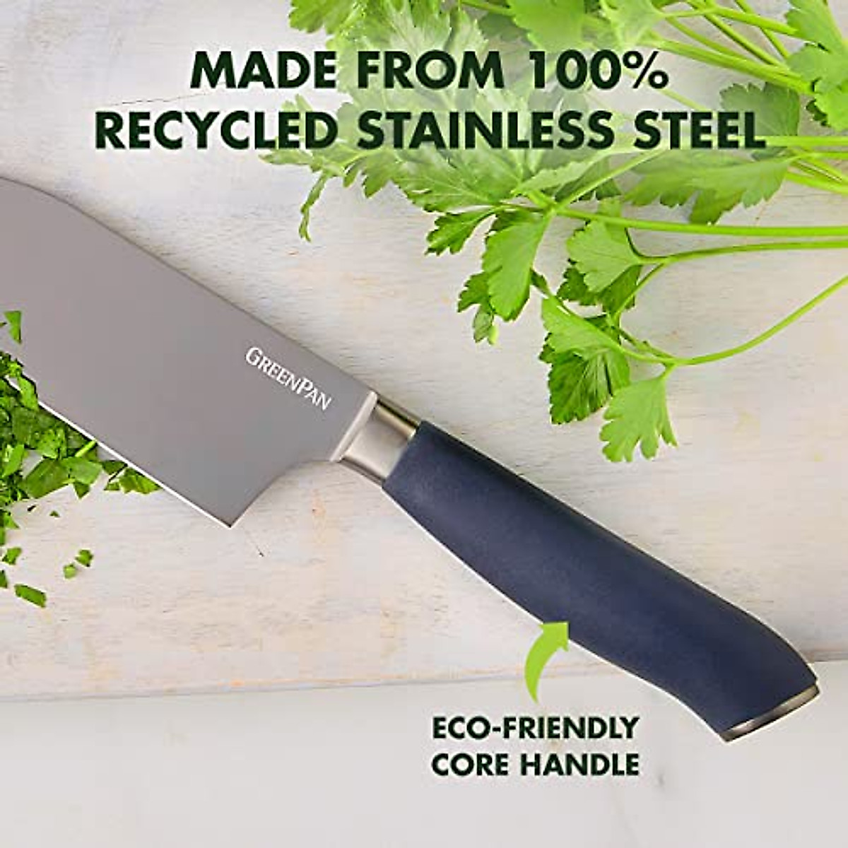 GreenPan Titanium 7" Santoku Knife, Titanium Coated, Stainless Steel, Eco-friendly, Ergonomic Grip, Slip Resistant, Balanced, Heat Treated, Hand Sharpened, Dishwasher Safe