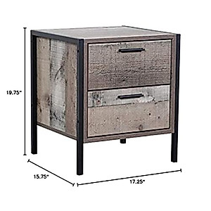 OS Home and Office Furniture Model Two Drawer Metal Frame and Legs night stand, Rustic Reclaimed Barnwood Laminate
