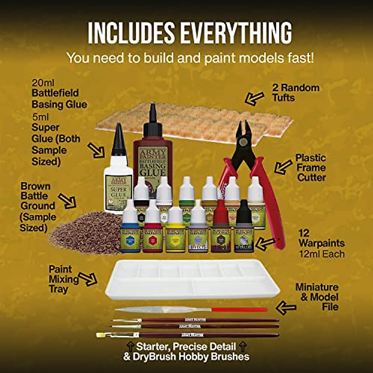 Wargames Delivered Army Painter Hobby Selection-Miniature Paint Set-Basic Miniature Painting Kit, Use The Brushes, Clippers, File, Glue, Acrylic Paint Palette and Model Paints for Any Plastic Models