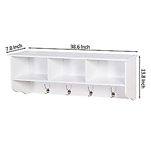 Mbolyeer Wall Mount Coat Rack with Shelf: Entryway Wood Storage Cubes with 4 Dual Hooks - 38.5 Inch Wooden Floating Shelves with Hanging - for Living Room Bathroom Kitchen (White)
