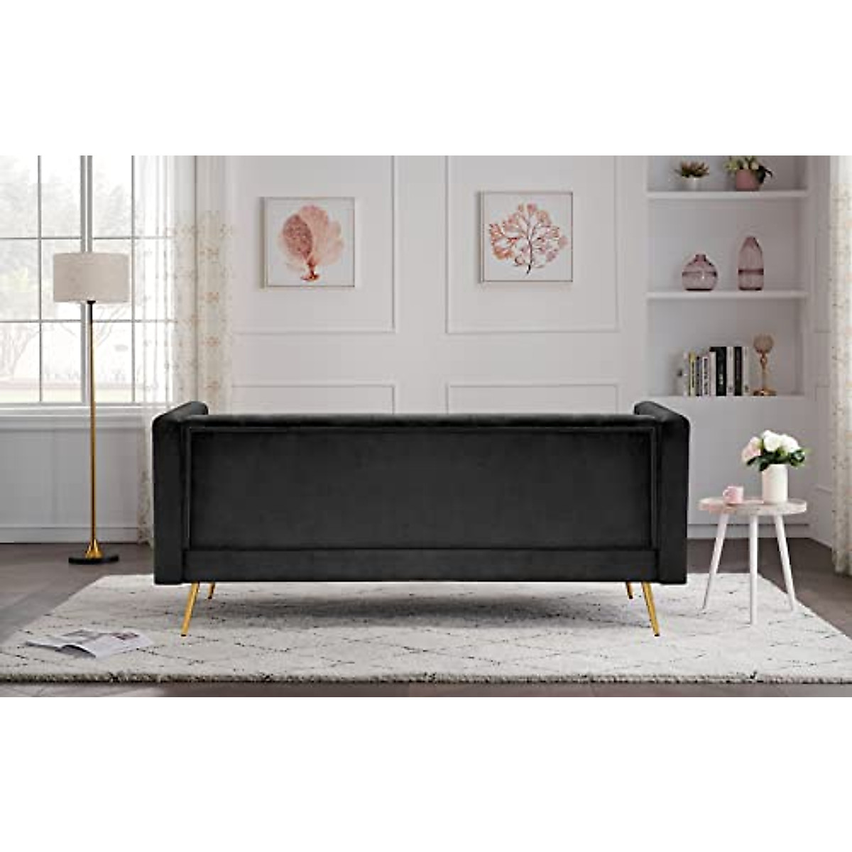EMKK Small Velvet 2-Seater Couch with Pillows, Loveseat Accent Sofa, Living Room Sofá with Tufted Backrest, Black