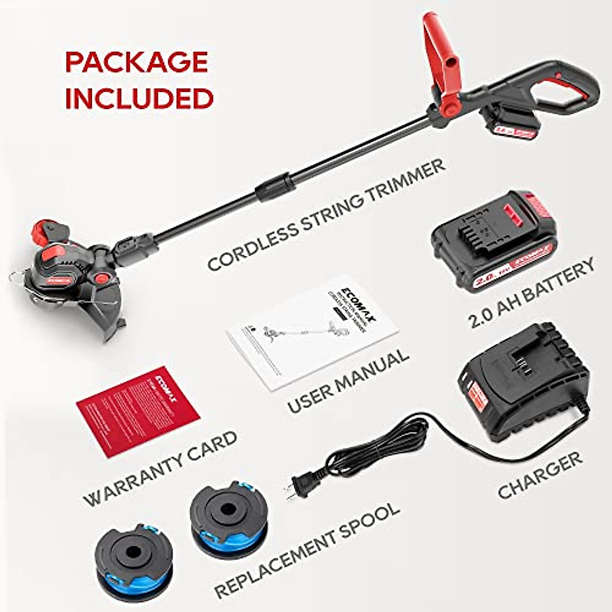 Ecomax 12" Cordless String Trimmer & Edger, 18V Electric Weed Wacker with 2Ah Battery and Charger, Lightweight Weed Eater, Edger Lawn Tool with 90 Degree Adjustable Head for Yard and Garden, ELG03