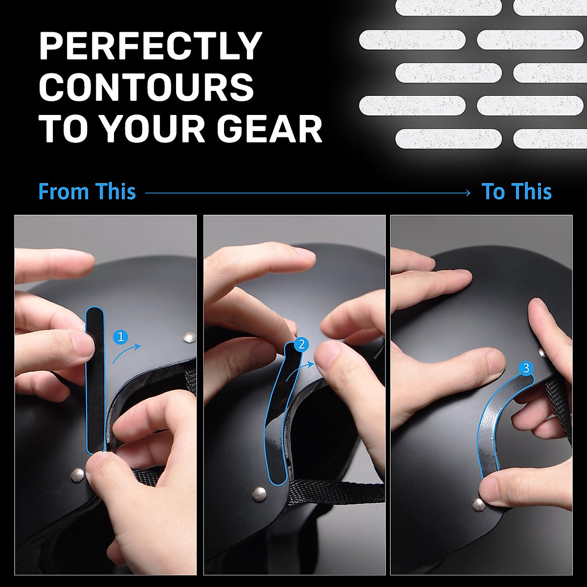 Elos Reflective Gear 3M Reflective Black Stickers - Reflective Helmet Tape, Motorcycle Reflective Tape, Hi Viz Stickers for Helmets - Discreet Black Until Light Hits It (Regular Style, 2, Count)