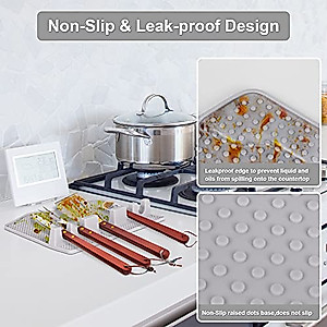 Arrozon 2 in 1 Silicone Utensil Spoon Rest Kitchen Counter with Drip Pad, 4 Slots Larege Spoon Spatula Holder for Stove Top, BPA-Free Heat-Resistant Non Slip Kitchen Utensils Mat(grey)