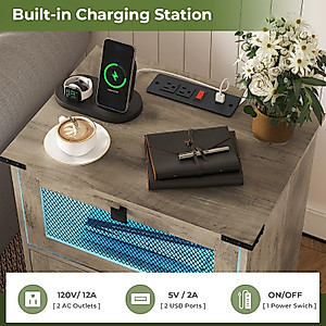 Hasuit Farmhouse Night Stand Set of 2 with LED Lights and Charging Station, Rustic Oak Nightstand with 2 Drawers, and Cubby with Wire Mesh Door, Bedside End Table for Bedroom