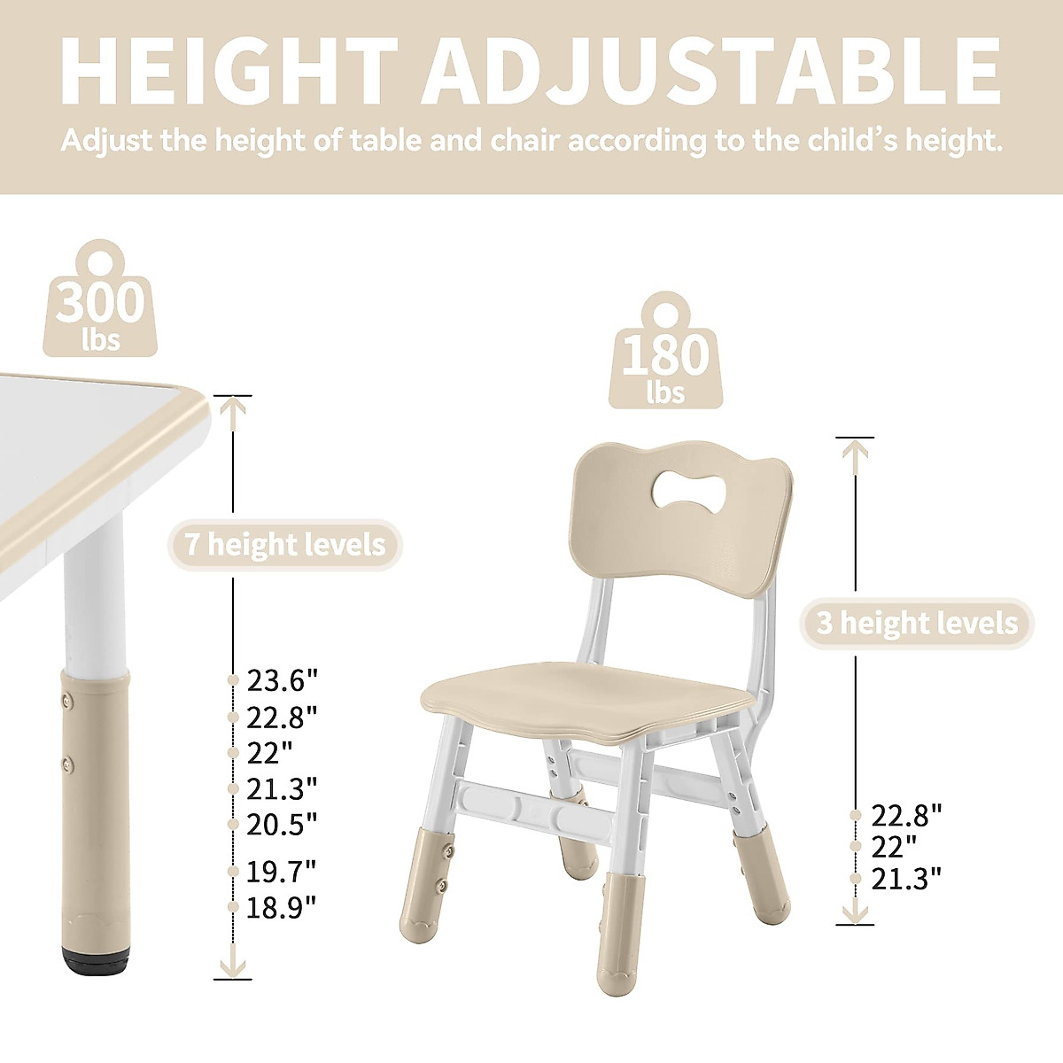 DOREROOM Toddler Table and Chairs Set for 4, 47.2''L x 23.6''W Kids Study Table and Chair Set, Height-Adjustable, Graffiti Desktop, Children Activity Table for Daycare, Classroom, Home