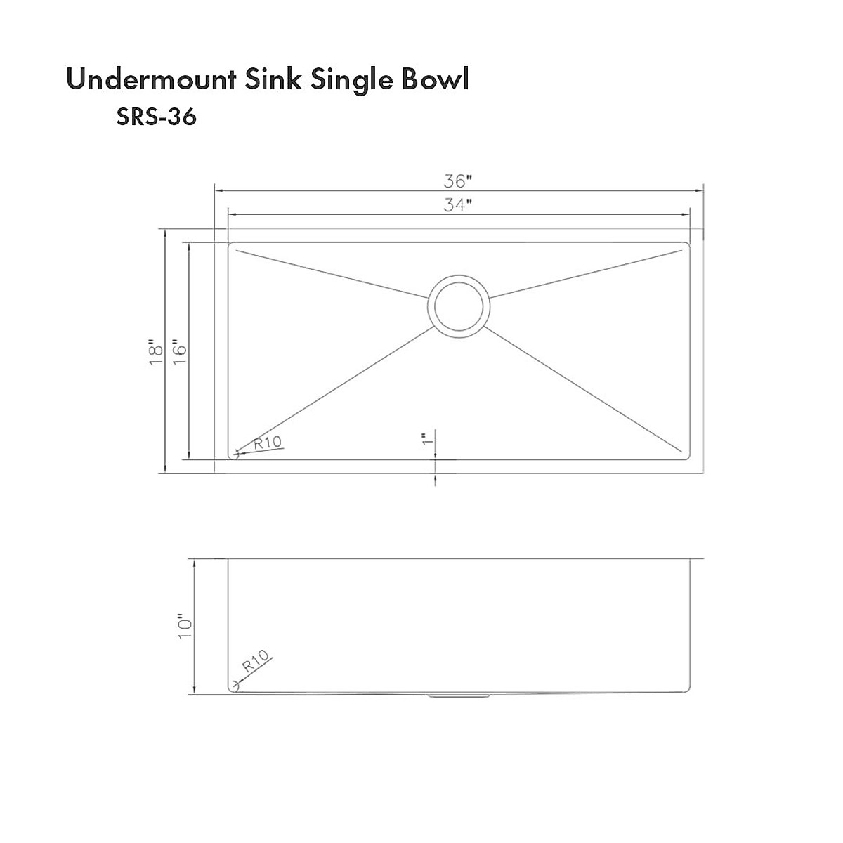 ZLINE 36" Meribel Undermount Single Bowl Stainless Steel Kitchen Sink with Bottom Grid (SRS-36)