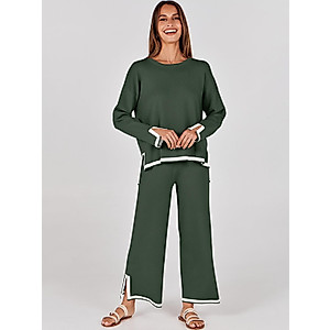 ANRABESS Women's Two Piece Outfits Long Sleeve Knit Pullover Sweater Tops & Wide leg Pants Casual Lounge Matching Sweatsuit Tracksuits Sets Army Green Large