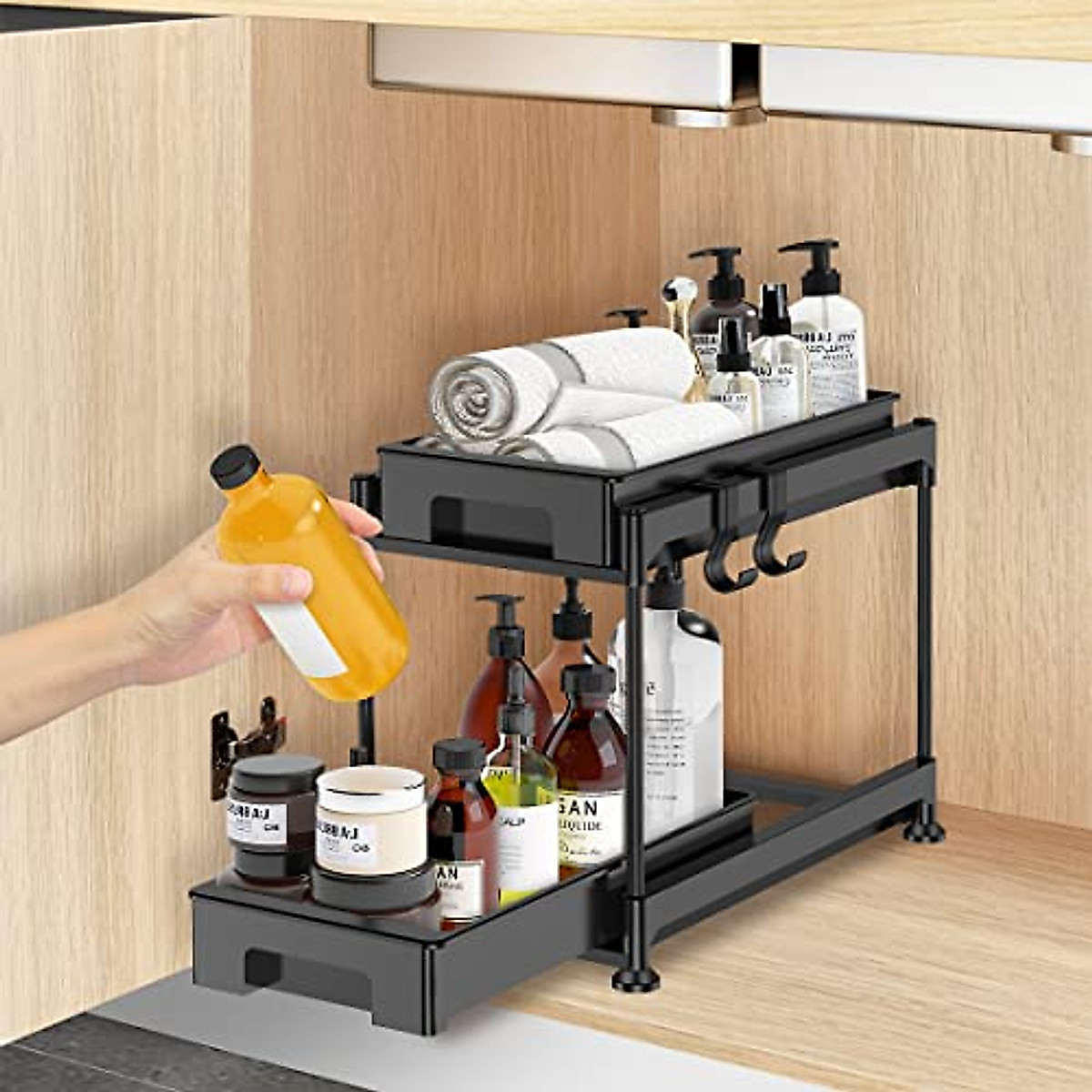 Double Sliding Cabinet Organizer, ZIZOTI Under Sink Organizers and Storage, Pull Out Under Sink Organizer, Under Cabinet Organizer Baskets with 2 Drawers, Under Sink Storage for Bathroom, Kitchen