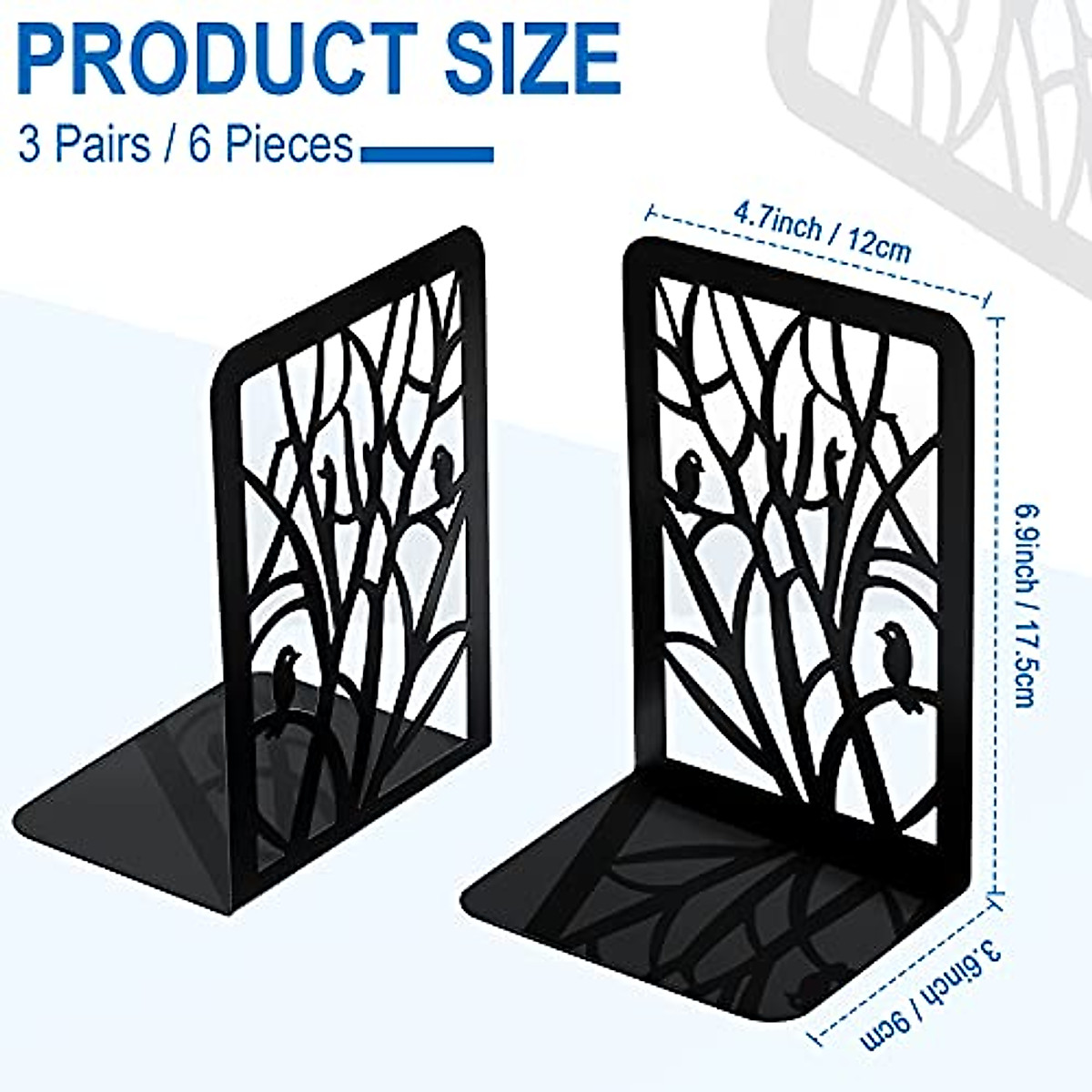 3 Pairs Metal Bookends for Shelves Decorative Tree Book Holder Leaf Bookends Geometrical Art Design Book Stopper for Book Divider Decorative Holder, Home, Office, School Supplies (Black, Tree Shadows)