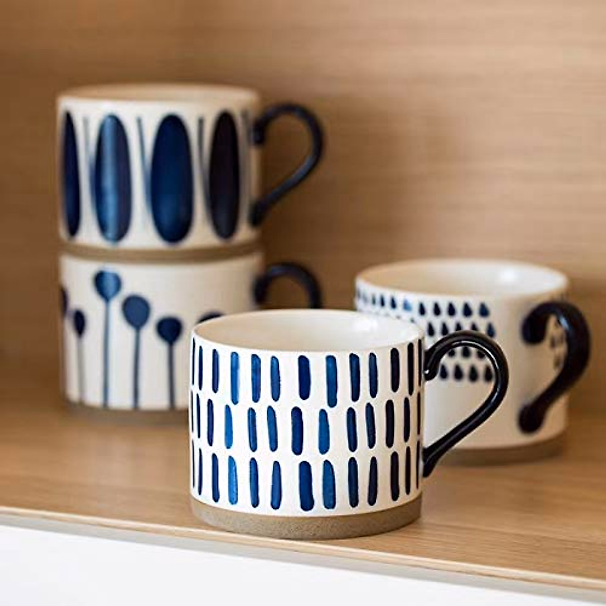 Koja Hand Painted 15 oz. Porcelain Ceramic Mugs Set. Service for 4.