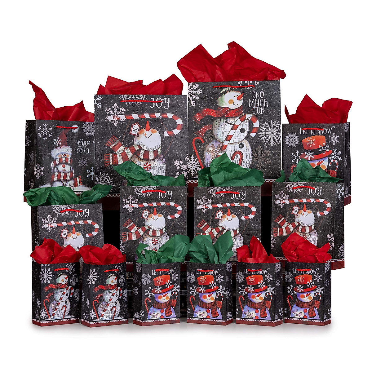 42-Pc. Chalkboard Snowman Gift Bag Set - Unique Winter Christmas Design for Kids and Adults - 14 Small, Medium, and Large Bags with 28 Red and Green Tissue Papers - Best for Presents and Party Favors