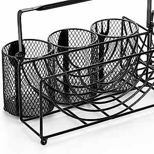 Mezchi Metal Utensil Caddy with 5 Compartments, Black Mesh Silverware Caddy Organizer, Flatware Storage Holder for Napkins, Plates, Party, Camping, Picnic, Buffet, RV, BBQ, Kitchen, Countertop