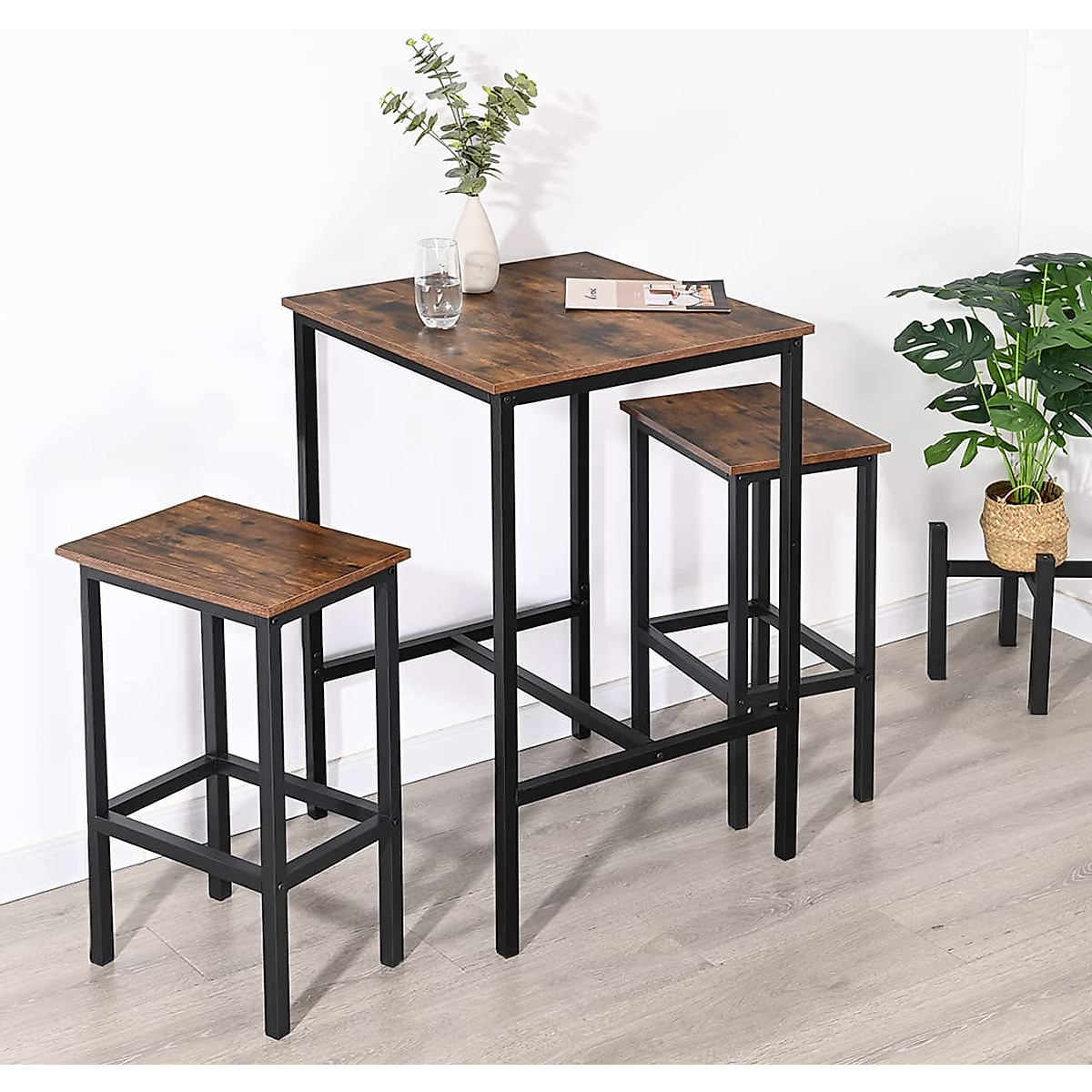 RokiaTek Bar Table Pub Dining Height Table Small Kitchen Table 23.6”L x 23.6”W x 36.4”H Industrial for Living Room Study, Steel Frame and MDF Table Top, Rustic Brown and Black