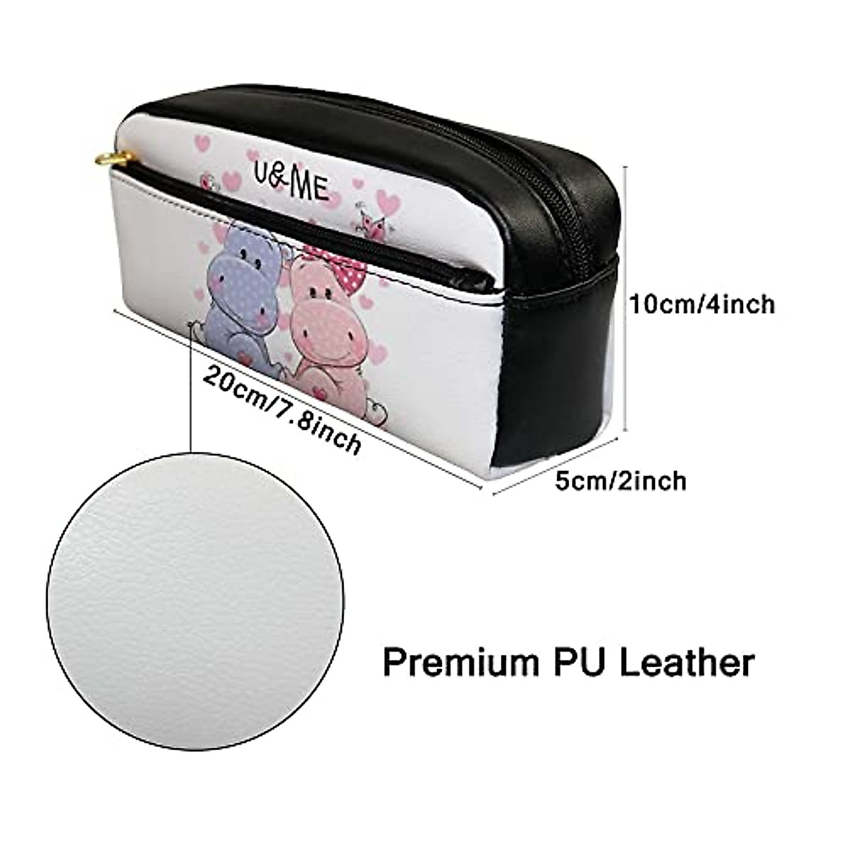 Cute Cartoon Kawaii 2 Animal Hippos and Hearts Pencil Case for Kids Pencil Bags with Zipper Tote Small Makeup Bag for Women for Girls Kids Boys Adults Teen.