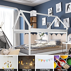 Costzon Twin House Bed Frame, Stable Wood Kids Platform Floor Bed w/Roof & Heavy-Duty Slats No Box Spring Needed, Freely DIY, Kids Bed for Toddlers Teens Boys Girls (White)