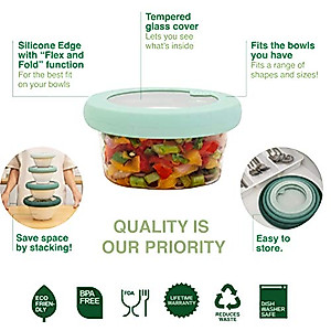 Food Huggers Replacement Lids for Glass Storage Containers Silicone & Glass Lids that Don’t Crack | Fits Round Container Brands & Bowls | 100% Plastic Free | 4 Lid Set (XS,S,M,L), Gradual Green