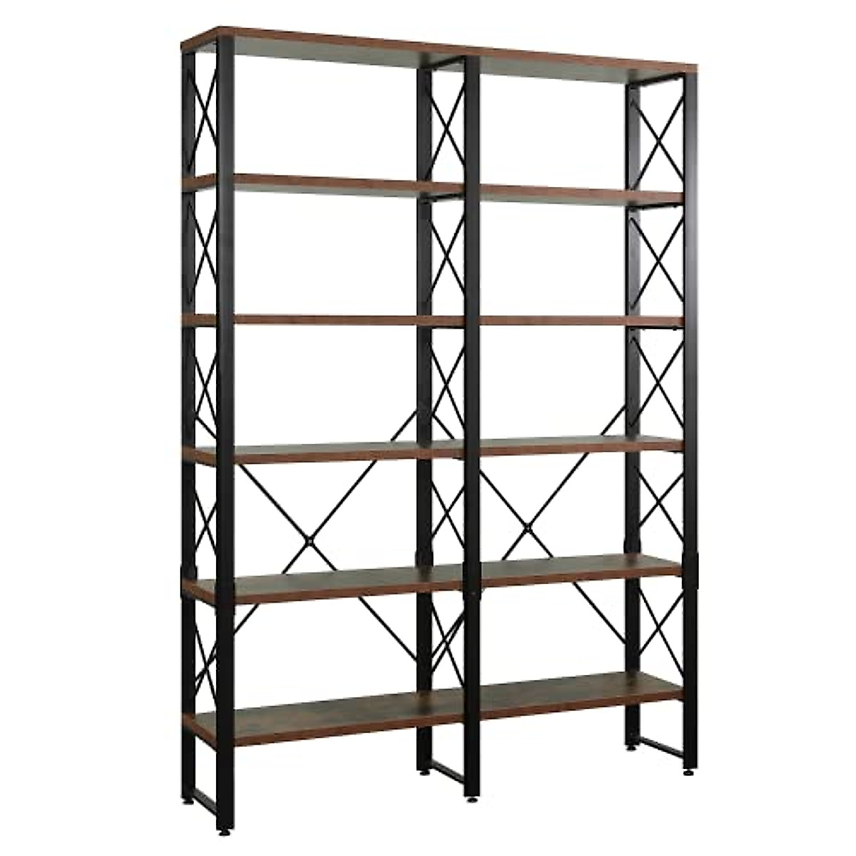 MELLCOM Double Wide 6-Tier Bookshelf, Industrial Open Large Bookcase, Wood and Metal Tall Bookshelves for Living Room Bedroom Office, Rustic Brown