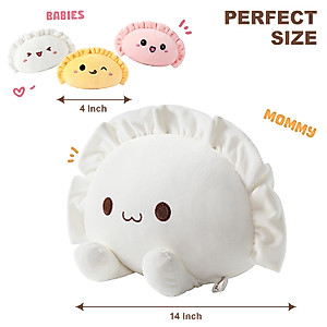 Ditucu Cute Dumpling Plush Pillow Mommy 14 inch with 3 Babies 4 inch Funny Family Food Shaped Stuffed Animals Plushies Toys Gifts for Kids