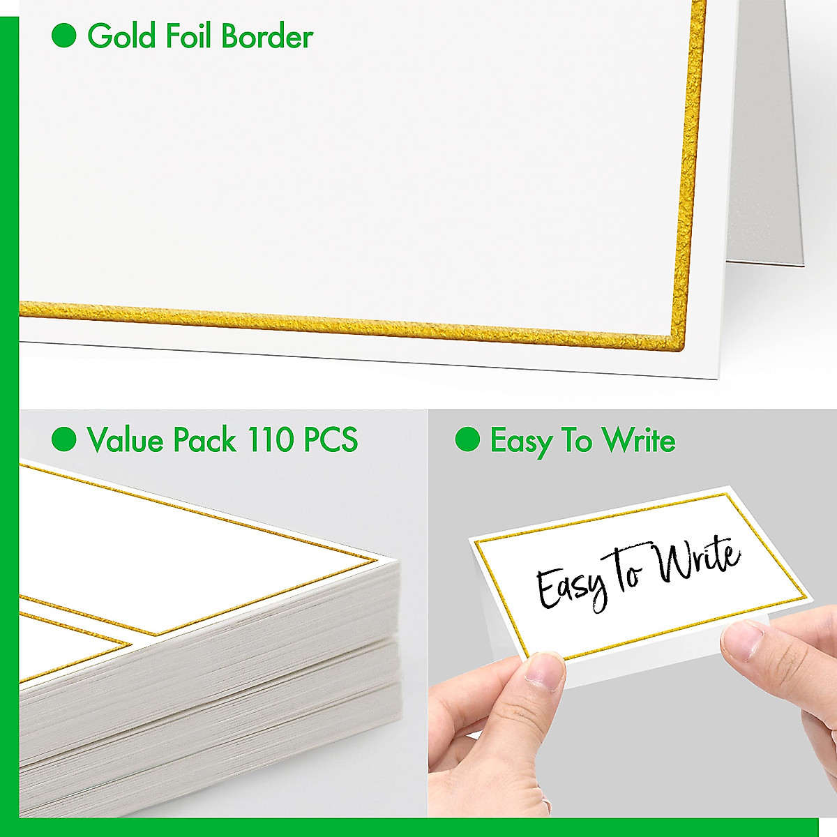 110 PCS Tent Cards, Small Place Cards with Gold Foil Border Delicate Seating Cards Blank Name Cards Escort Cards for Wedding, Table, Dinner Parties, Receptions (Each Measures 2” x 3.5”)