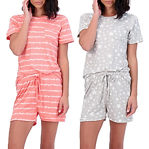 2 Pack: Womens Short Sleeve Tops Striped Pajama Sets Shorts Ladies Summer Soft 2 Piece Matching Cute Comfy Sleepwear Pajamas Adult Loungewear Bottoms lounge Pijamas de Mujer Pj Women - Set 5, 2XL