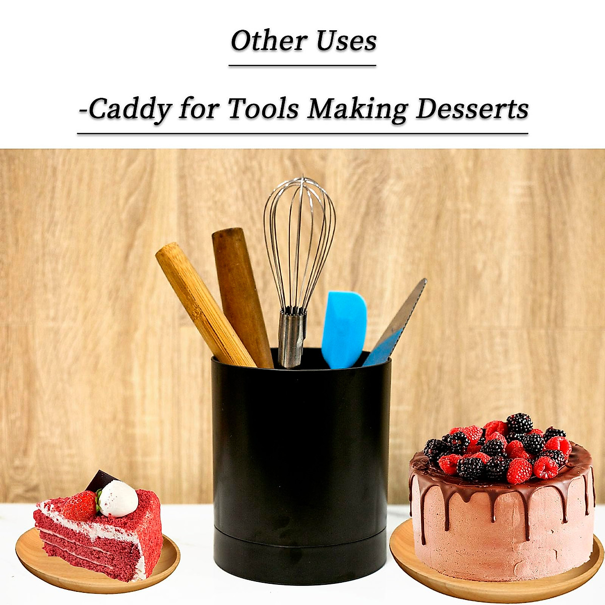 CrafArcher Large Kitchen Utensil Holder, 360° Rotating Plastic Utensil Caddy, Countertop Utensil Tools and Gadgets Organizer-Black 5.7" D x 6.5" H