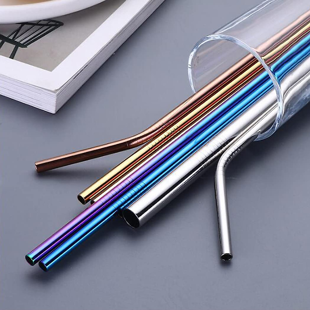 Hoshen 10Pcs Reusable Stainless Steel Color Straws, Color Metal Full Straight Straws (Including 2 Brushes), Suitable For 20/24/30 Ounce Tumblers, 8.5 Inches-Full Straight