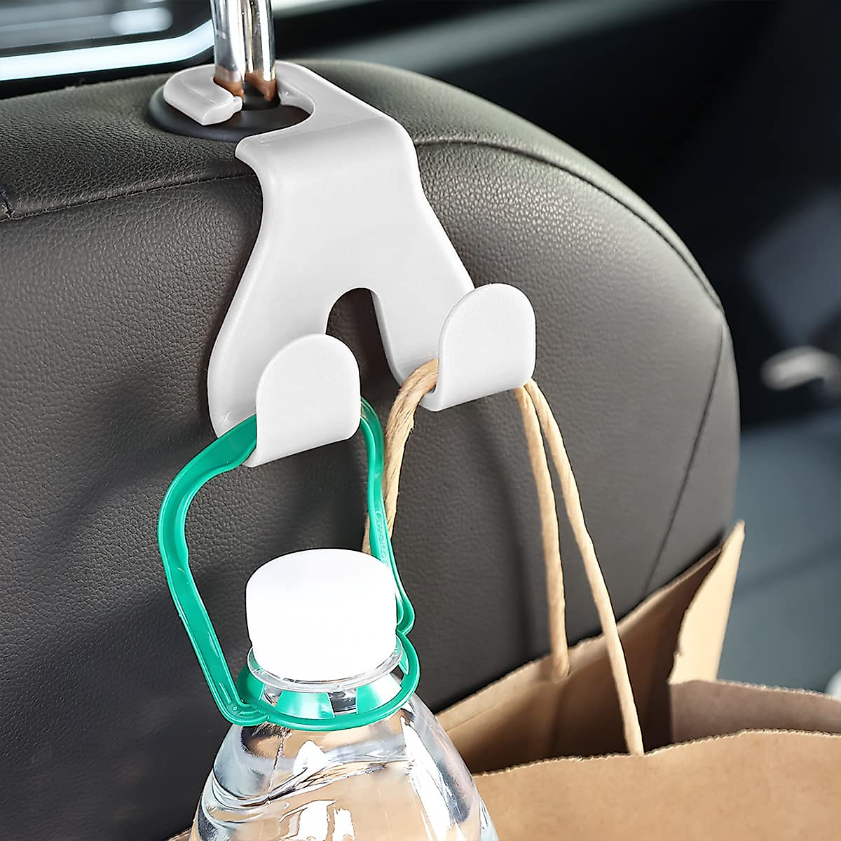 AICEL Car Seat Headrest Hook, 4 Pack Purse Hooks for Auto, 2 in 1 Durable Seat Back Hanger, Storage Organizer Phone Holder for Automotive Interior, Universal for Handbag Coat Grocery (White)
