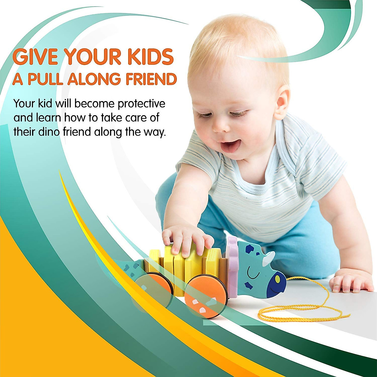 Leo & Friends Pull Along Walking Triceratops Wooden Toy for Boys and Girls