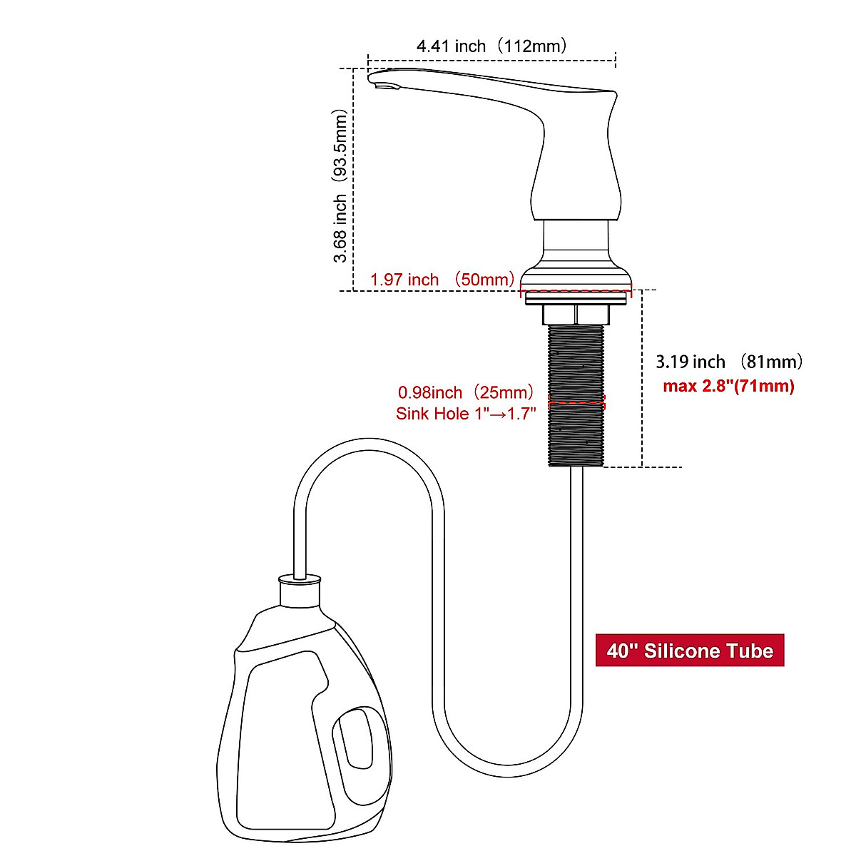 GAGALIFE Kitchen Sink Soap Dispenser Brushed Nickel, Under Sink Soap Dispenser with 40" Silicone Extension Tube Kit,Say Goodbye to Frequent Refills