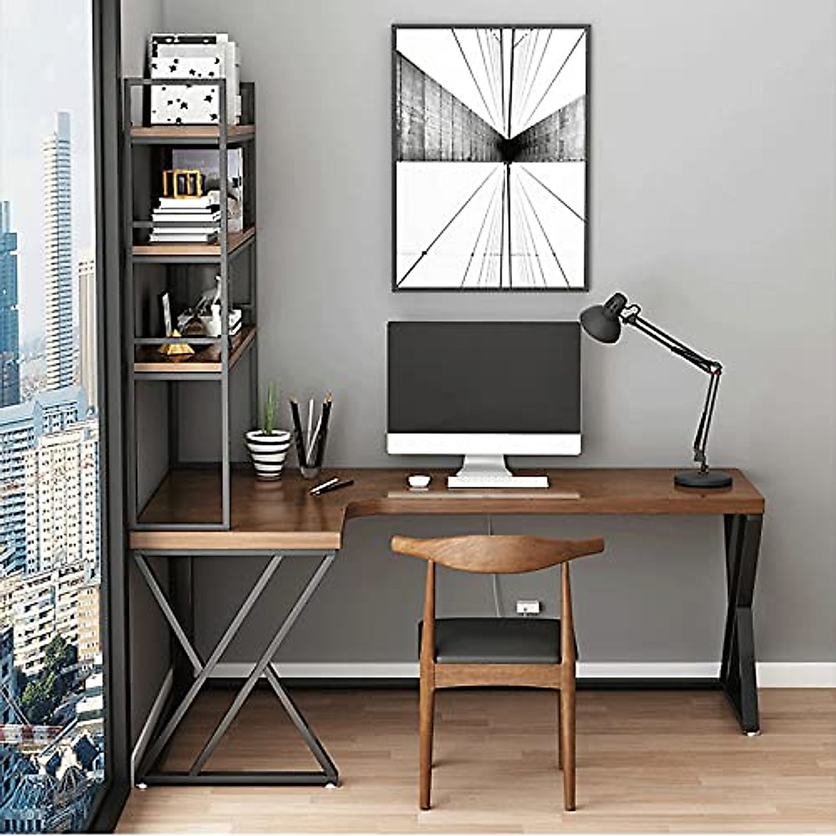 Computer Desk/Writing Desk Multifunctional L-Shaped Corner Desk Home Office Desk with 3-Layer Storage Shelves Large Monitor Stand Workstation, Rustic Brown and Black PC Table Study Table