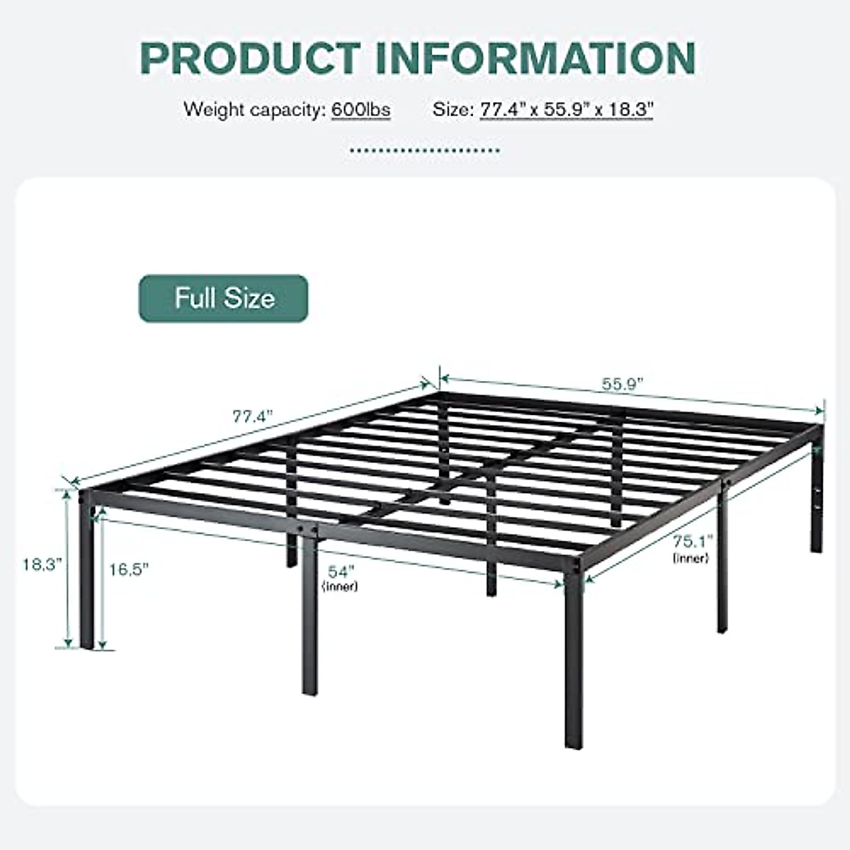 IMUsee Heavy Duty Full Size Platform Bed Frame with 16.5" Large Under Bed Storage Space, Sturdy Metal Frame/ Mattress Foundation/ No Box Spring Needed/ Easy Assembly/Noise-Free