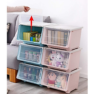 Shozafia Plastic Storage Bins for Toys, Stackable Storage Containers with Lids Front Opening, Clear Storage Box with Wheels. (White,3 Pack Large)