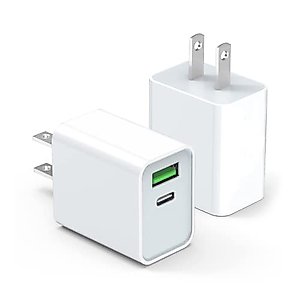 USB C Wall Charger Block 20W, 2-Pack Dual Port PD Power Delivery Fast Charger Block Plug Adapter. 20W Power Delivery + QC3.0 USB A Double Port Fast Charging Block for iPhone 11/12/13/14/Pro Max,Galaxy