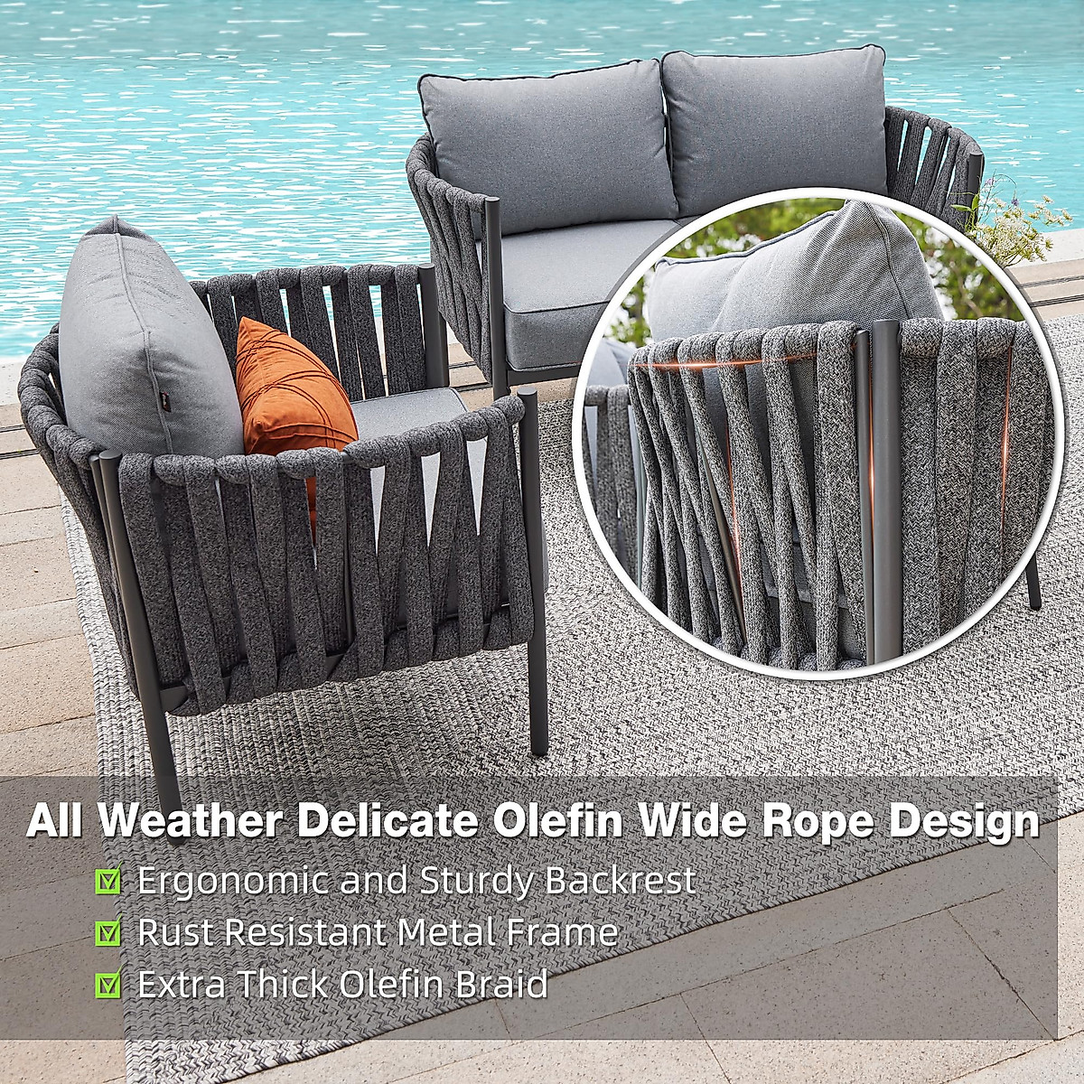 COMLAX FIELD 4 Pieces Patio Furniture Sets, Modern Patio Conversation Set, Outdoor Furniture Set with Table, Metal Patio Furniture Set with Removable, Washable and Thicken Cushions, Grey