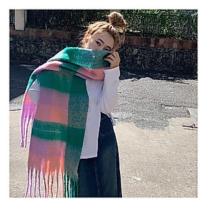 OUNIYA Big Chunky Plaid Scarf Colorful Checked Oversized Thick Scarves Soft Large Cashmere Wool Shawl Winter Warm Blanket Women (pink green grid)