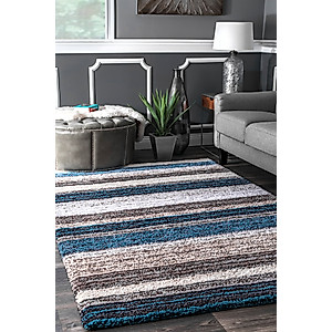 nuLOOM Drey Striped Shag Area Rug - 3x5 Accent Shag Rug Casual Blue Multi/Brown Rugs for Living Room Bedroom Dining Room Nursery Entryway