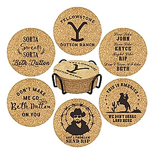 Homythe Yellowstone Merchandise Beth Dutton Coasters, 6 Pcs Cork Coasters with Metal Holder, Dutton Ranch Rip TV Show Drink Coasters, Birthday Housewarming Christmas Coaster Gifts for Yellowstone Fans