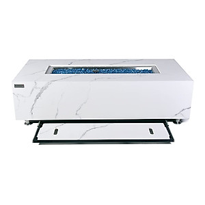 Elementi Plus Carrara Outdoor Table 59.8 Inches Fire Pit Patio Heater Marble Porcelain Firepits Outside Electronic Ignition Backyard Fireplace Cover Fire Glass Included Natural Gas