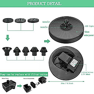 Solar Fountain, Bird Bath Fountains Solar Power Glass Panel with Battery Automatic Power Off After Leaving Water, 3W Solar Fountain Pump for Bird Bath with Color LED Light for Pond, Pool, Outdoor