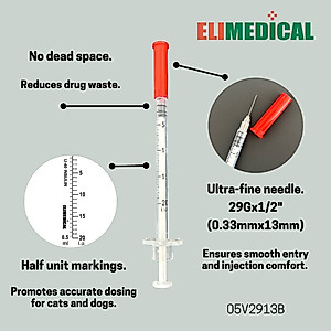 Elimedical Veterinary Insulin Syringe, U-40 (40IU), 0.5cc (ml), 29g x ½ inch (12.7mm), Half Unit Marking, Individually Packed, for Pet Cat or Dog, 100 per box, 05V2913B
